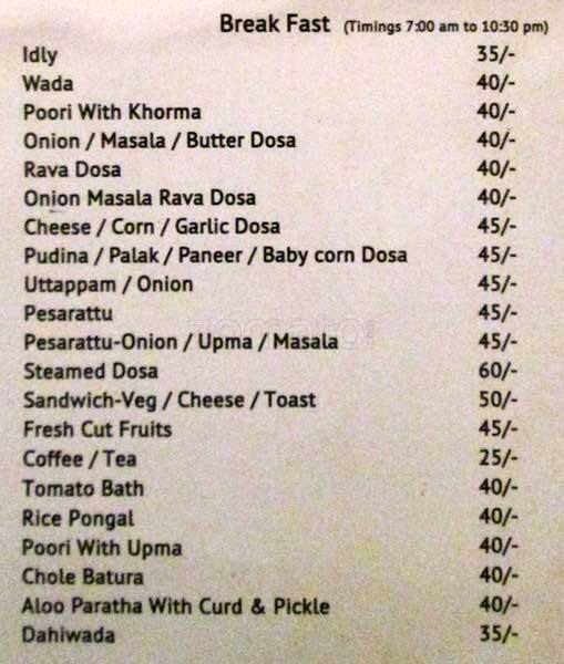 Menu at Mr Park House, Secunderabad