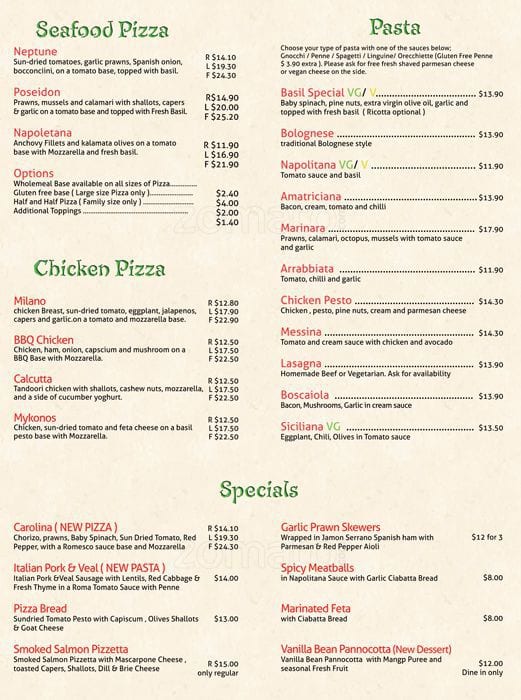 Menu at Basil Pizza and Pasta restaurant, Newtown