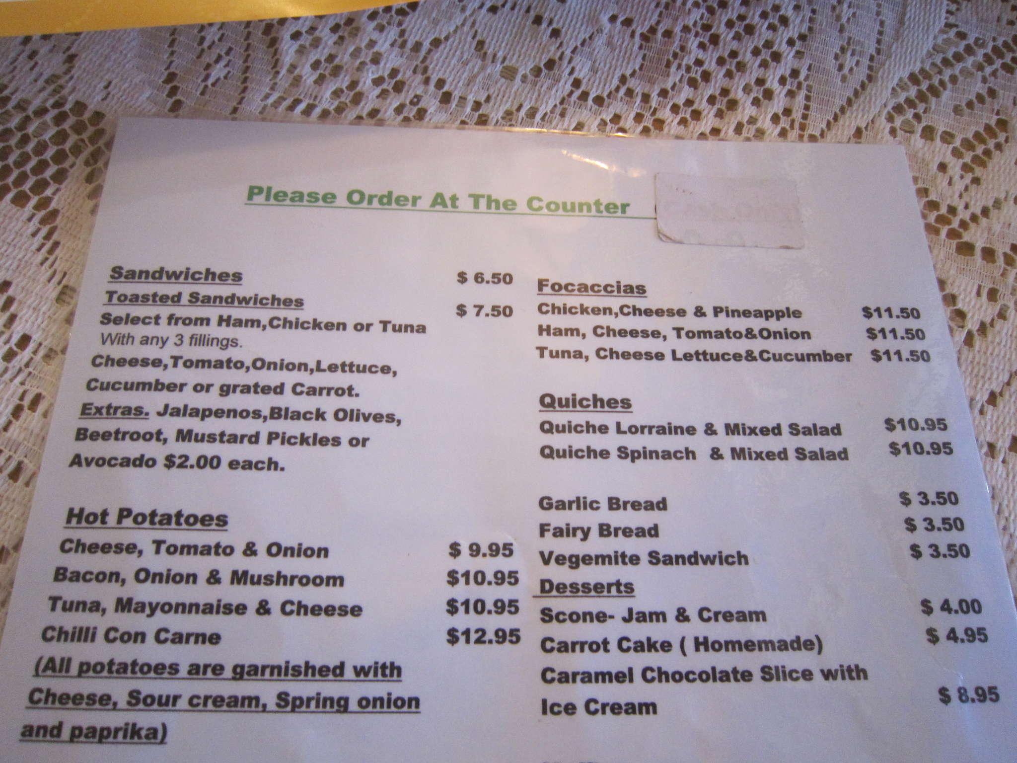 Menu at Chocolate Drops Tearooms, Yanchep, Wanneroo Rd