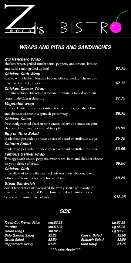 Menu at Zee's Bistro restaurant, Chatham-Kent