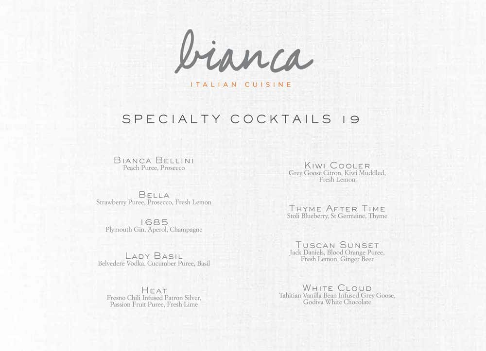 Menu at Bianca restaurant, Miami Beach