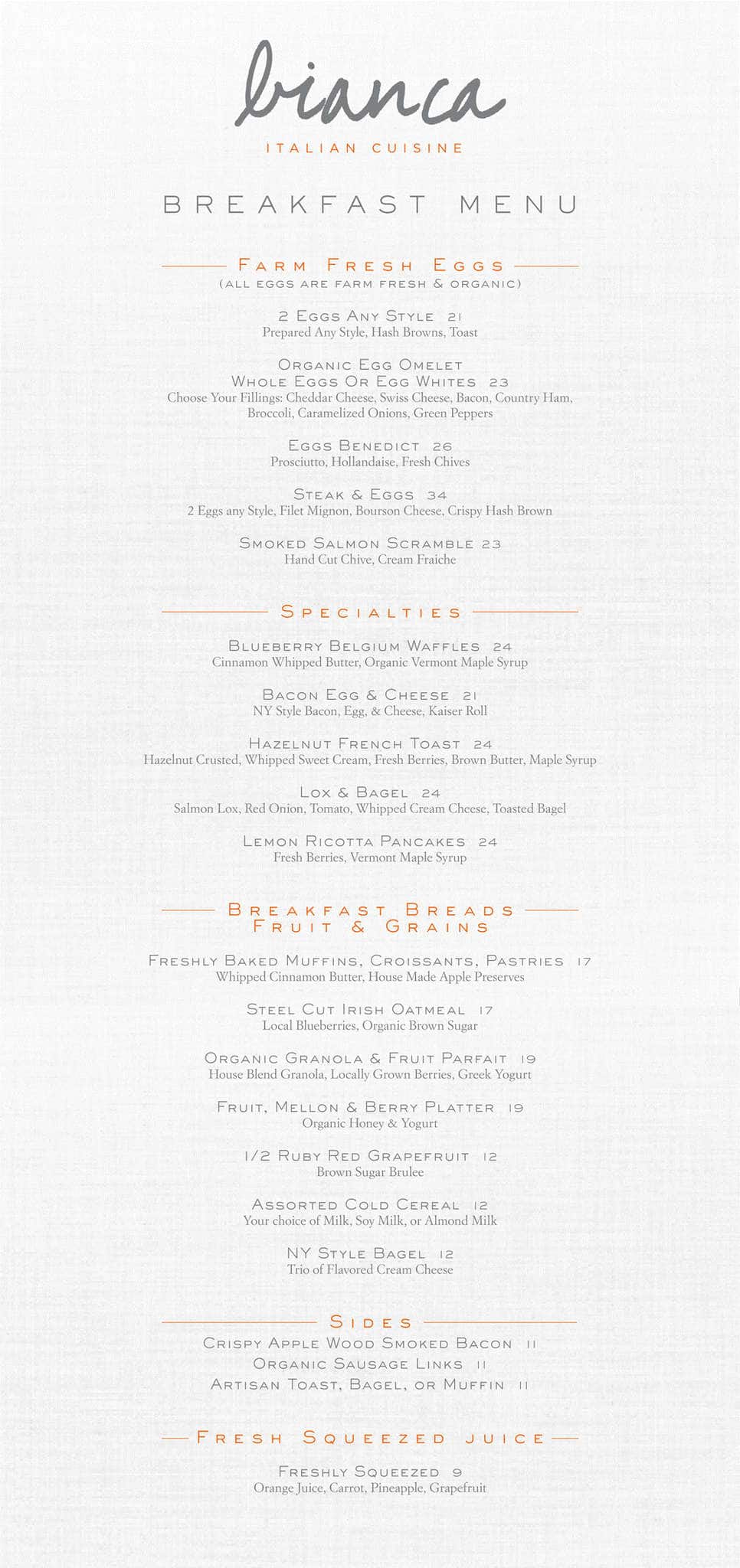 Menu at Bianca restaurant, Miami Beach