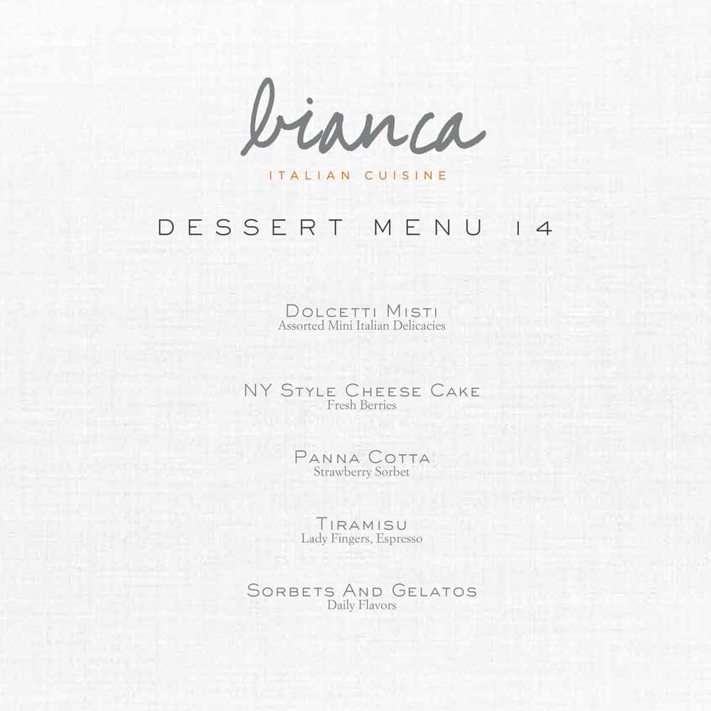 Menu at Bianca restaurant, Miami Beach