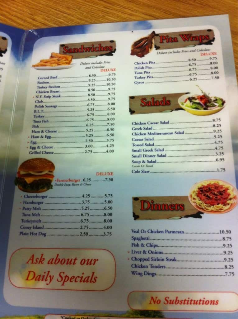 Menu at Farmer Frank's restaurant, Detroit