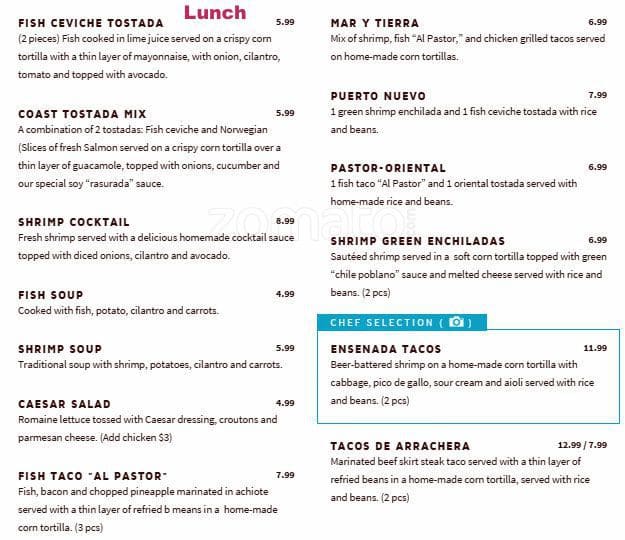 Menu at Costa Pacifica restaurant, San Antonio, 434 N Loop 1604 W