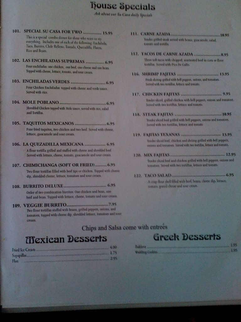 Menu at Su Casa Mexican Restaurant, Richmond