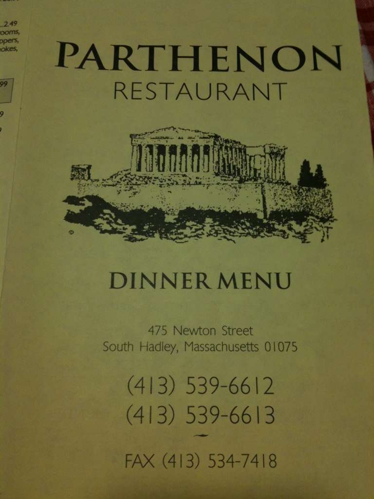 Menu at Parthenon Restaurant, South Hadley