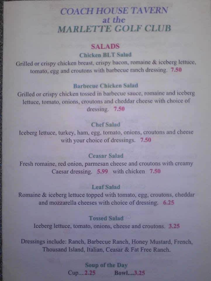 Menu at Coach House Tavern pub & bar, Marlette