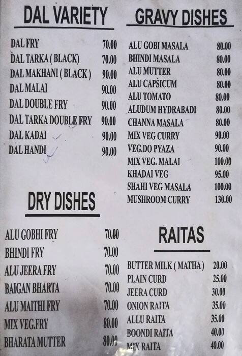 Menu at Punjabi Dhaba, Vellore, Opposite VIT Main Gate