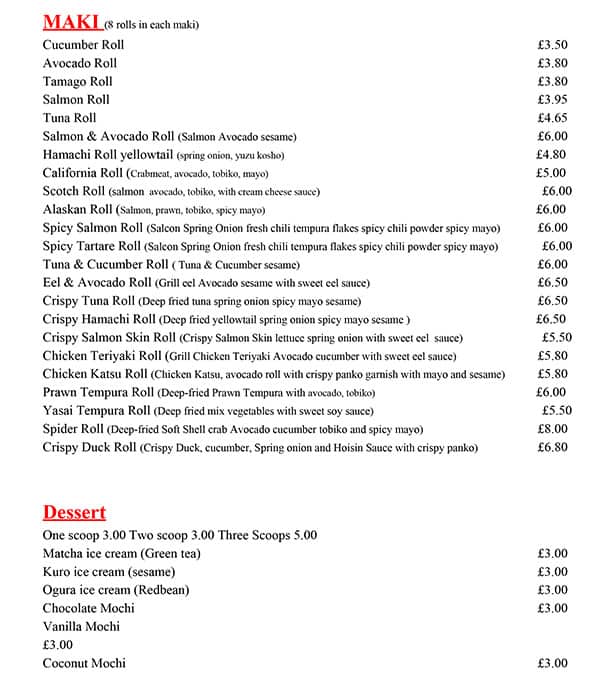 Menu at Doumo restaurant, London