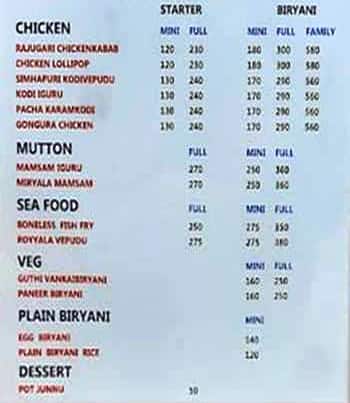 Menu of Simhapuri Military Hotel, Manikonda, Hyderabad