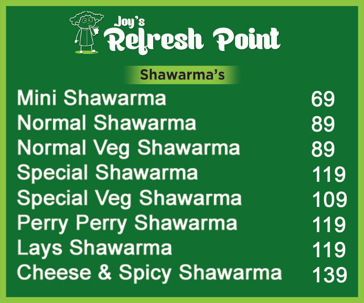 Menu of Joy's Refresh Point, Nizampet, Hyderabad