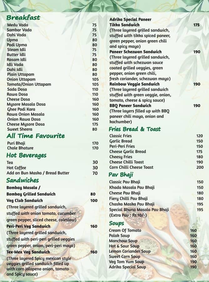 Menu of Adrika The Celestial, Wagle Estate, Thane West, Thane