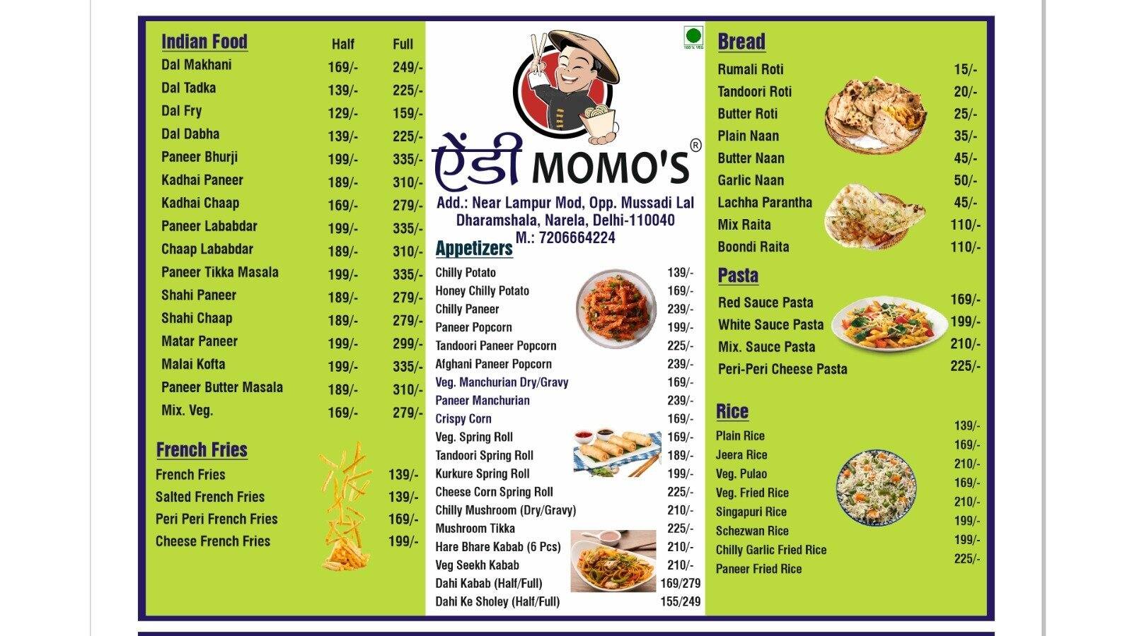 Menu of Andy Momo's, Narela, New Delhi