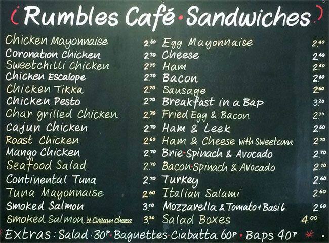 Menu at Rumbles cafe, Brentford, 10 High St