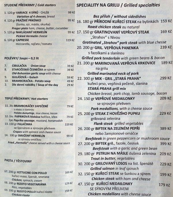 Stará Praha Menu, Menu podniku Stará Praha, Malá Strana, Praha 5 ...
