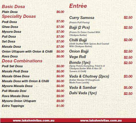 Menu at Lakshmi Vilas fast food, Dandenong
