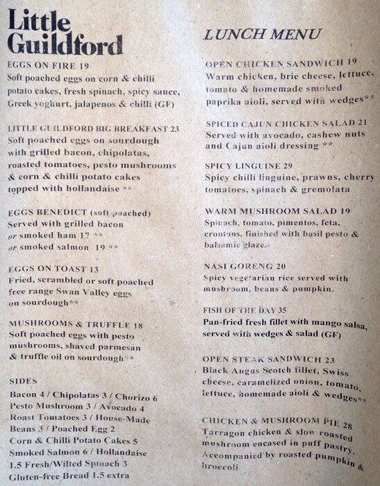 Menu at Little Guildford cafe, Guildford