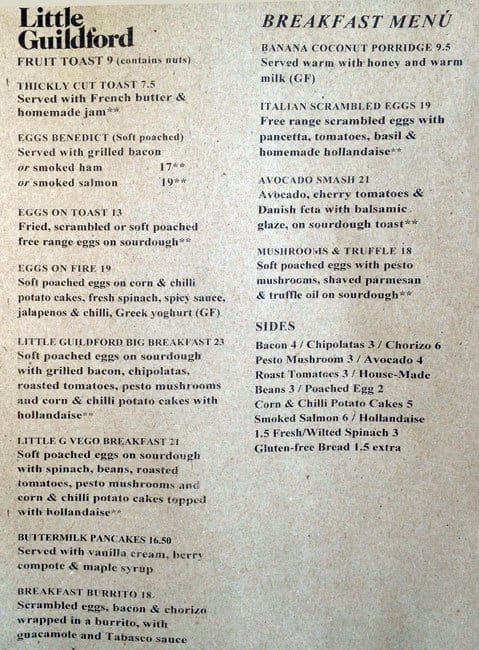Menu at Little Guildford cafe, Guildford
