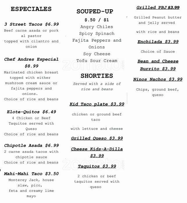 Menu at Elote Mexican Kitchen restaurant, Keller