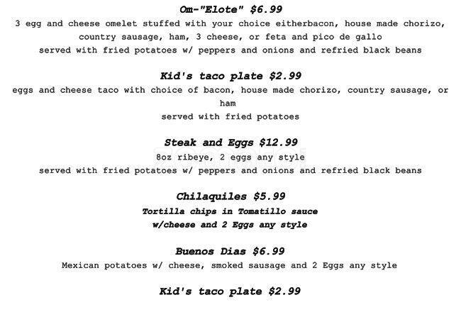 Menu at Elote Mexican Kitchen restaurant, Keller