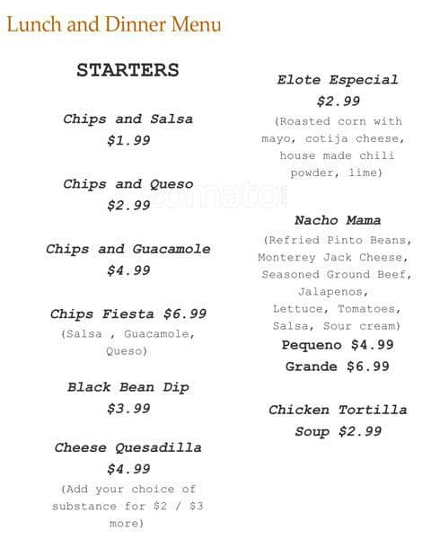 Menu at Elote Mexican Kitchen restaurant, Keller