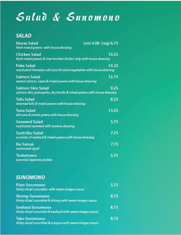 Menu at Kenzo Sushi restaurant, Yuba City