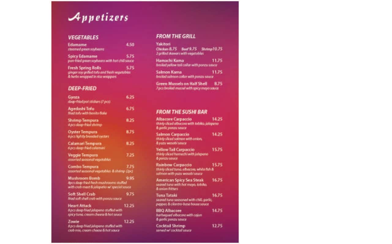 Menu at Kenzo Sushi restaurant, Yuba City