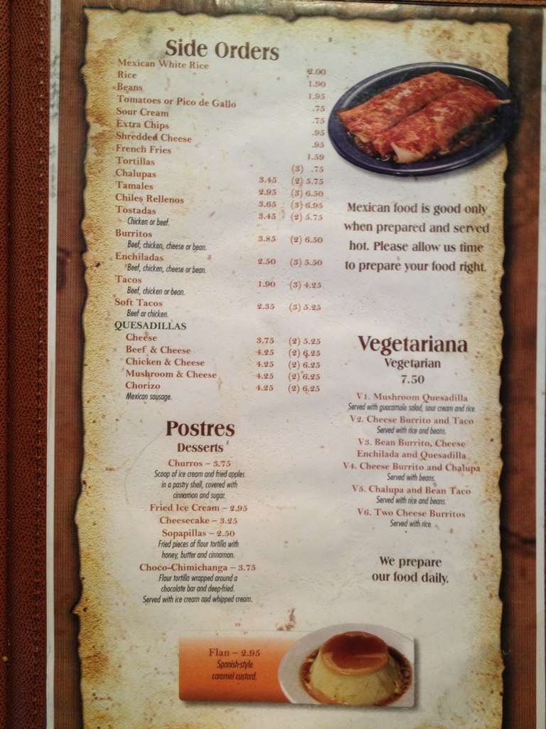 Menu at Gran Ranchero restaurant, Athens