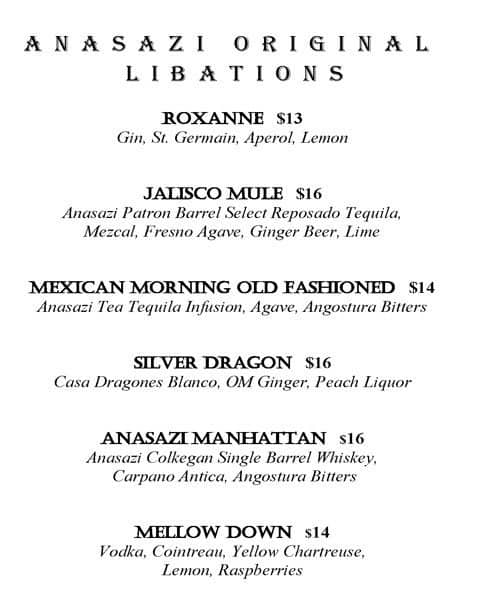 Menu at The Anasazi Restaurant & Bar, Santa Fe