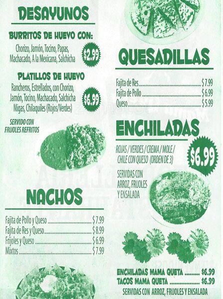 Menu at Tortilleria y Restaurant Mama Queta, Dallas