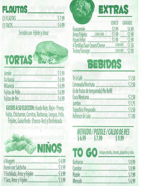 Menu at Tortilleria y Restaurant Mama Queta, Dallas