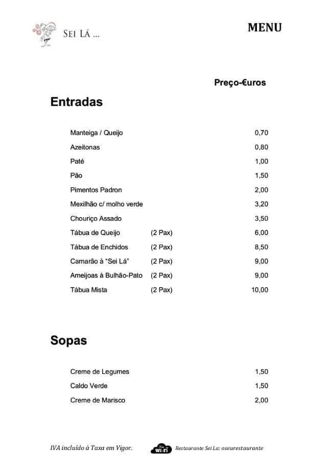 Menu at Restaurante Sei Lá, Porto