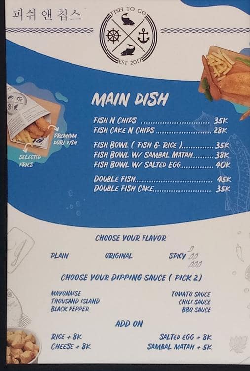 Menu at Fish To Go restaurant, North Jakarta