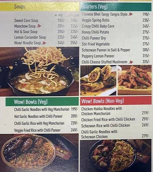 Menu of WOW! China, Thuraipakkam, Chennai