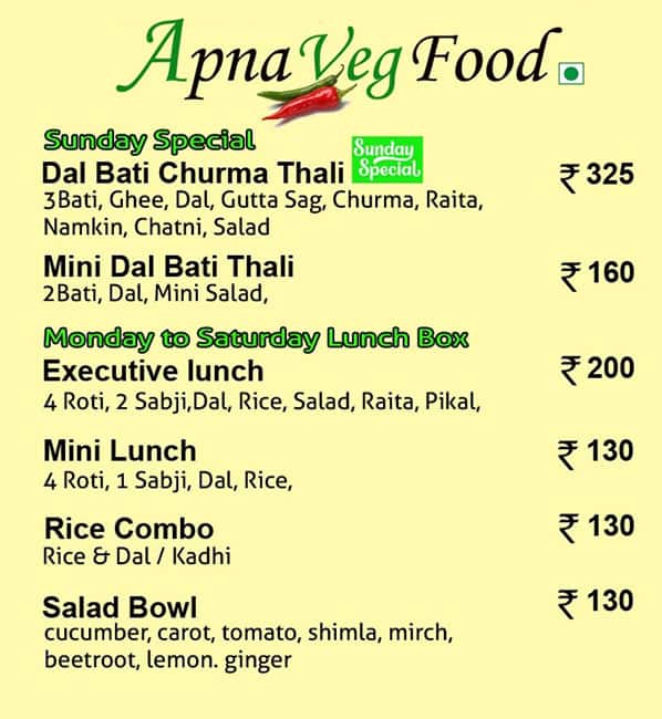 Menu of Apna Veg Food, Fort, Mumbai