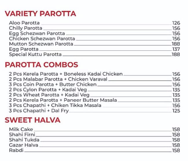 Menu at The Parotta Combo, Bengaluru, 193
