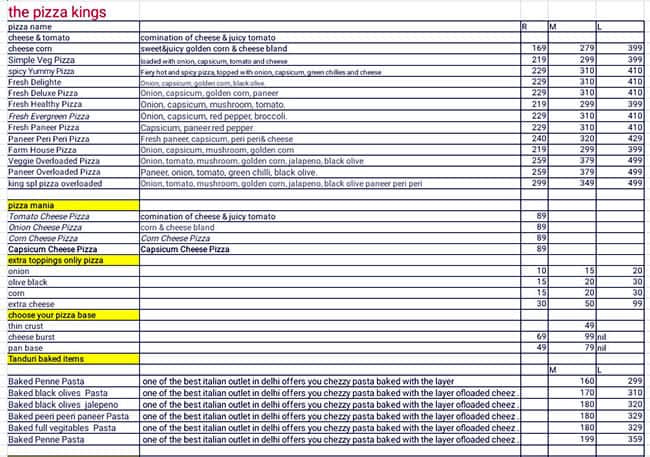 Menu of Pizza Gallery, Geeta Colony, New Delhi