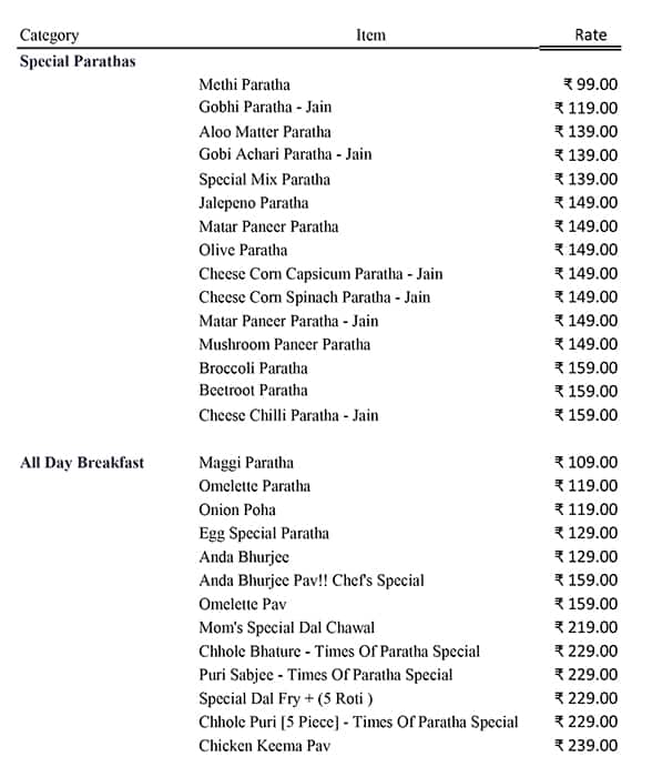 Menu of Times Of Paratha, Oshiwara, Andheri West, Mumbai