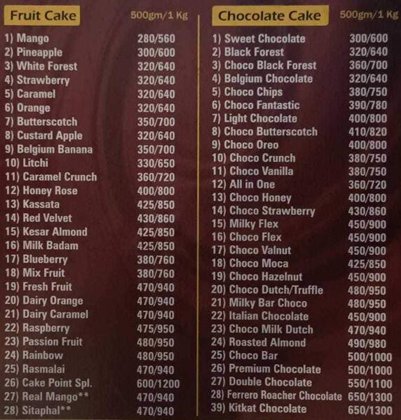 Menu of Cake Point, Tilak Road, Pune
