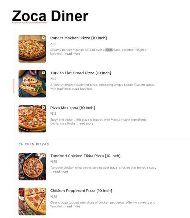 Menu of Zoca Diner, Sector 46, Gurgaon