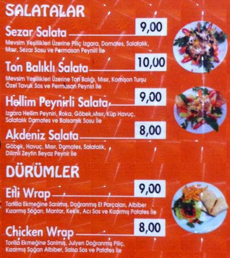 Menu at Kavuk Kafe, Istanbul