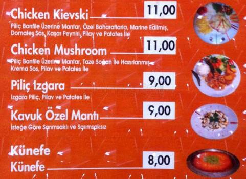 Menu at Kavuk Kafe, Istanbul
