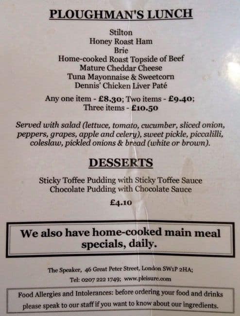 Menu at The Speaker pub & bar, London