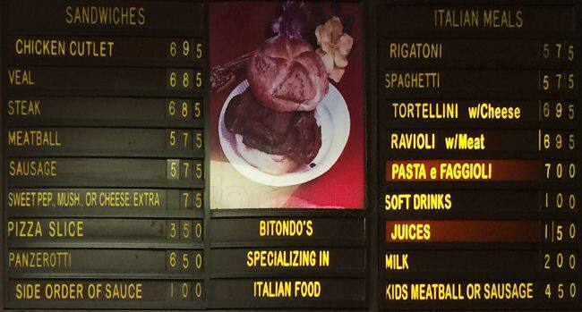 Menu at Bitondo's Pizzeria, Toronto