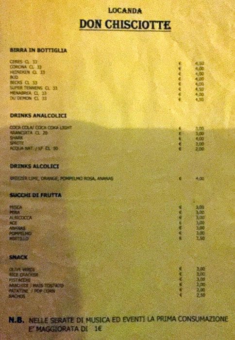 Menu at Locanda Don Chisciotte pub & bar, Rome