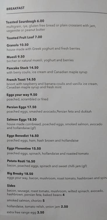 Menu at The Armstrong Street Food Store cafe, Middle Park