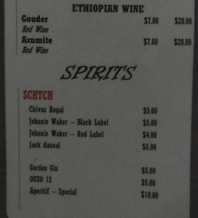 Menu at Queen of Sheba restaurant, Footscray