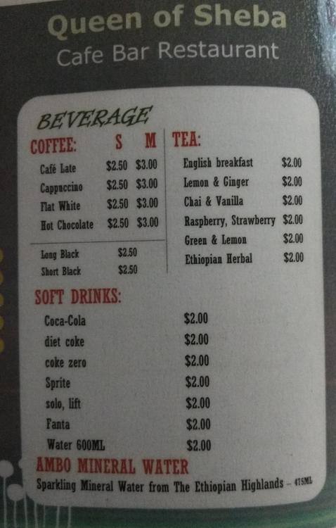 Menu at Queen of Sheba restaurant, Footscray