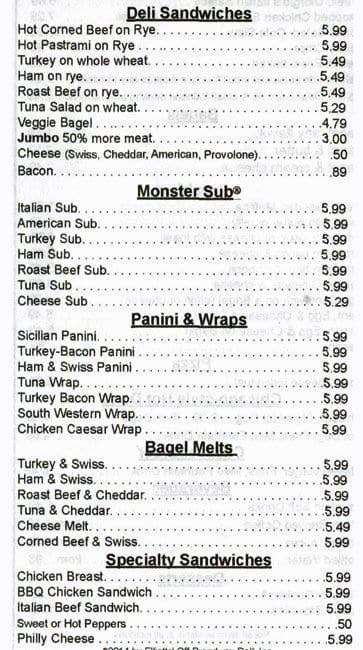Menu at Elliott's Off Broadway Deli restaurant, Schaumburg, E Golf Rd